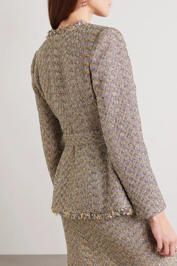 Huishan Zhang Leila Belted Fringed Metallic Tweed Jacket