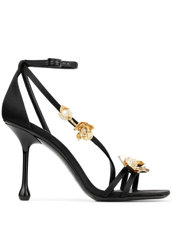 JIMMY CHOO Floral Appliqué Stiletto Sandals - Black