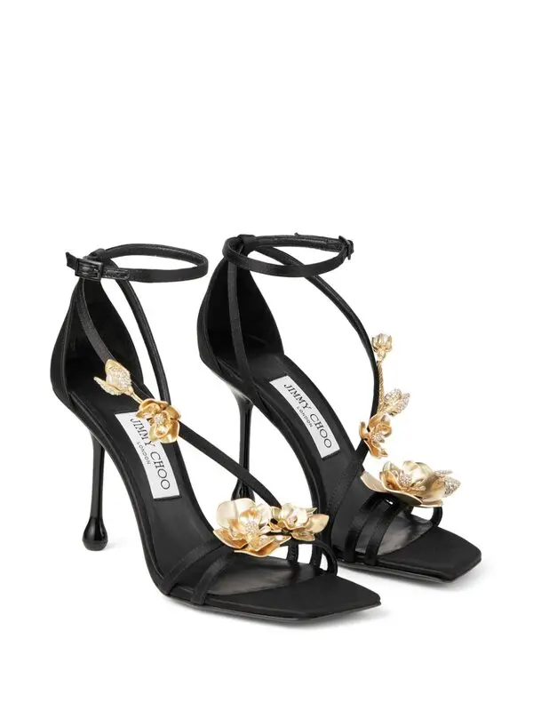 JIMMY CHOO Floral Appliqué Stiletto Sandals - Black
