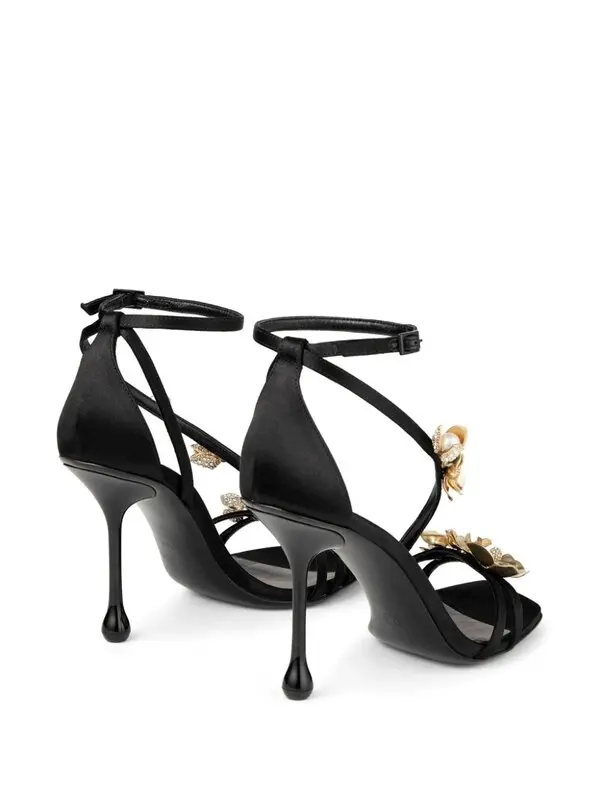 JIMMY CHOO Floral Appliqué Stiletto Sandals - Black
