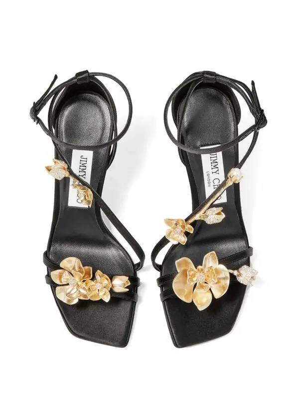 JIMMY CHOO Floral Appliqué Stiletto Sandals - Black
