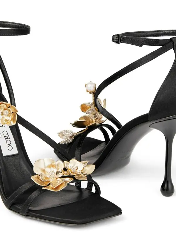 JIMMY CHOO Floral Appliqué Stiletto Sandals - Black