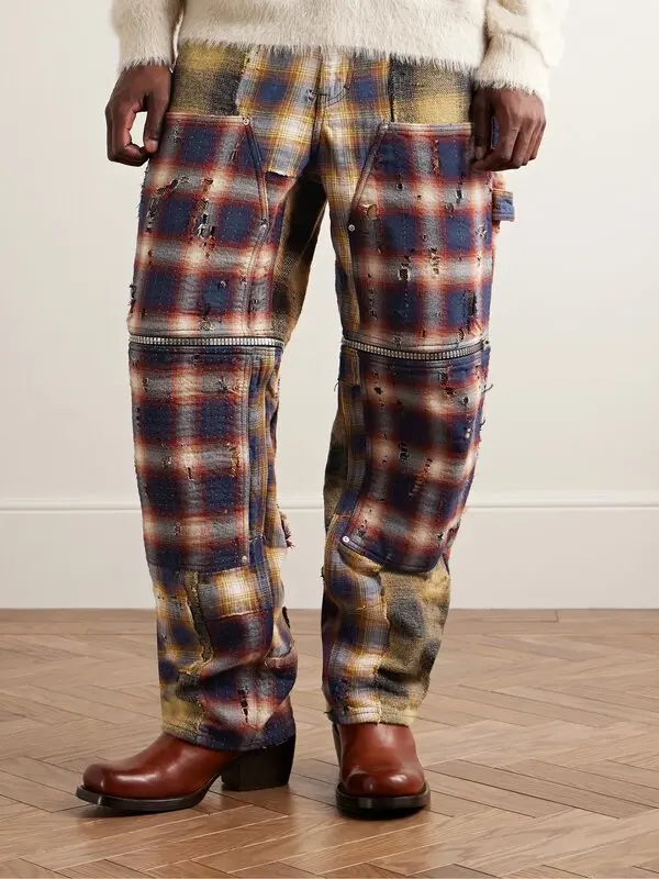 Givenchy Straight-leg Convertible Distressed Checked Cotton-flannel Trousers