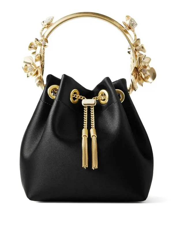 JIMMY CHOO Bon Bon Flower-appliqué Satin Bag - Black