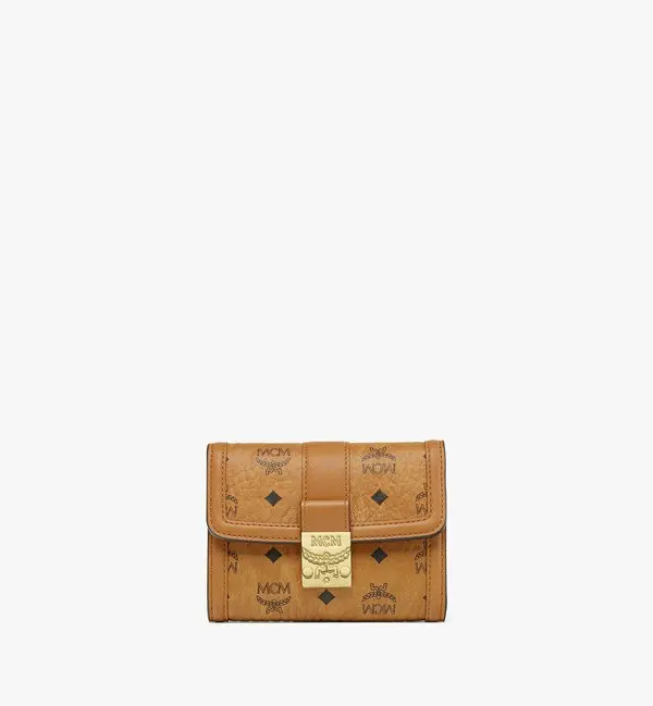 Mcm Tracy Trifold Wallet In Visetos - Cognac