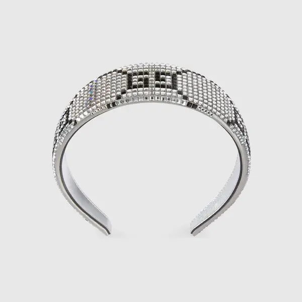 Gucci Silk Hairband With Gg Crystal - Grey | Editorialist display picture 1