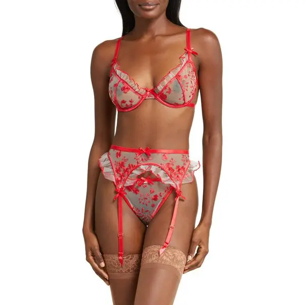 COQUETTE Embroide Garter Belt & G-string Set - Red