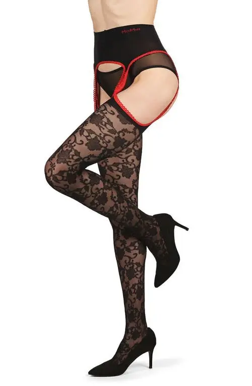 MEMOI Secret Garden Suspender Tights - Black-red