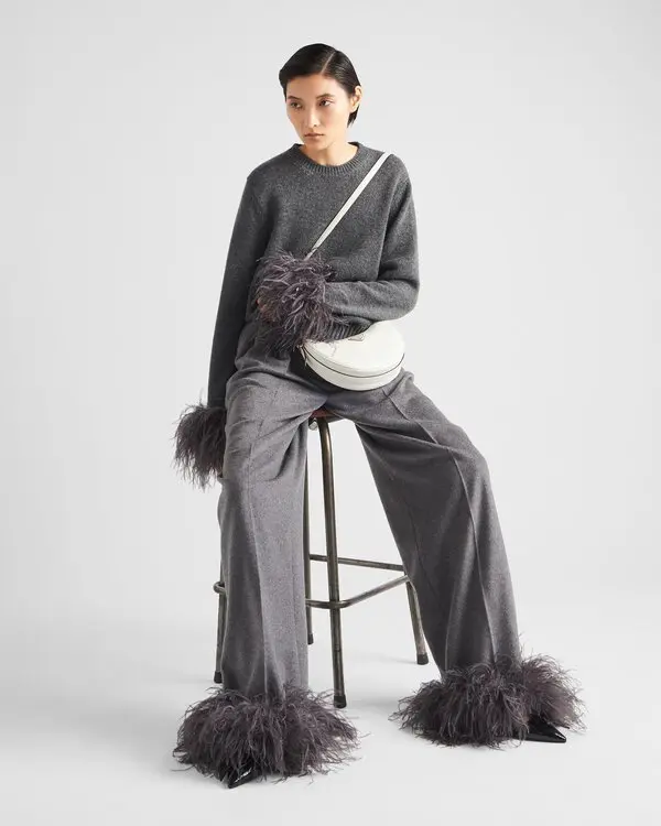 Prada Cashmere Pants With Feather Trim