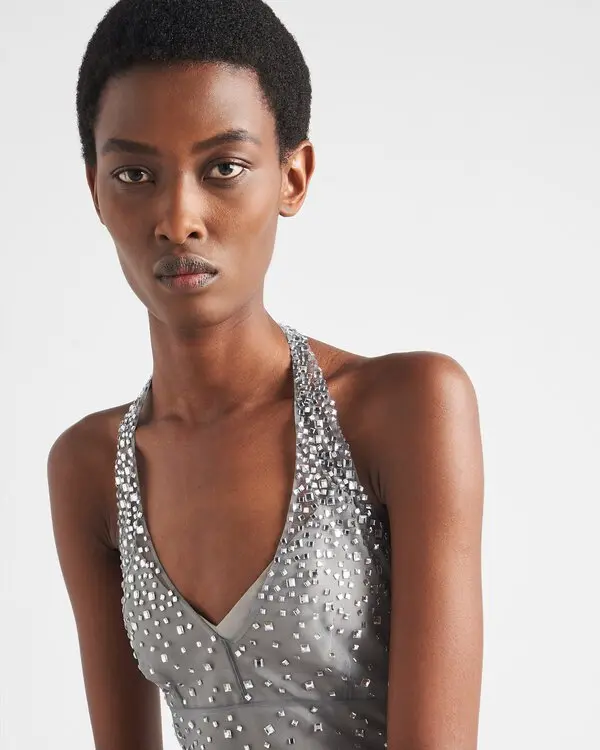 Embroidered Tulle Halter Dress