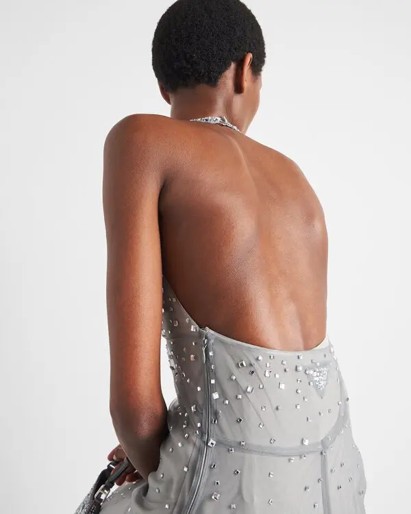 Embroidered Tulle Halter Dress