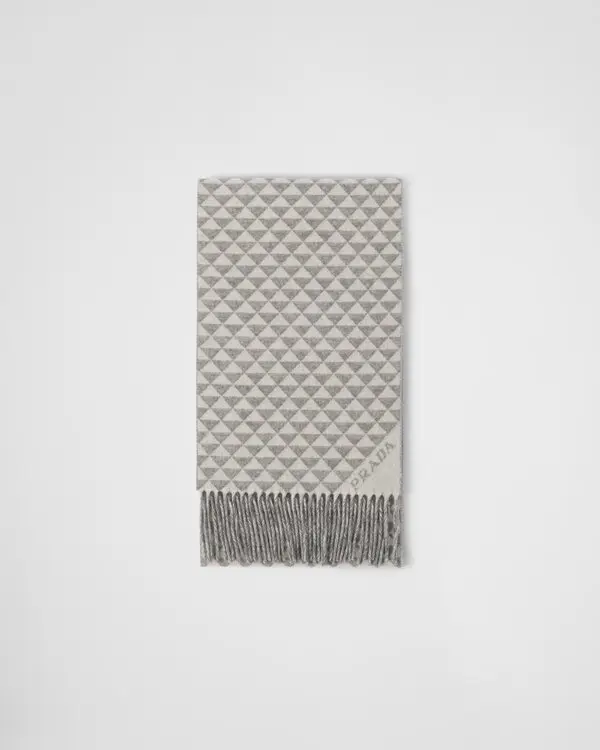 Prada Symbole Double Wool And Cashmere Scarf - Gray/white