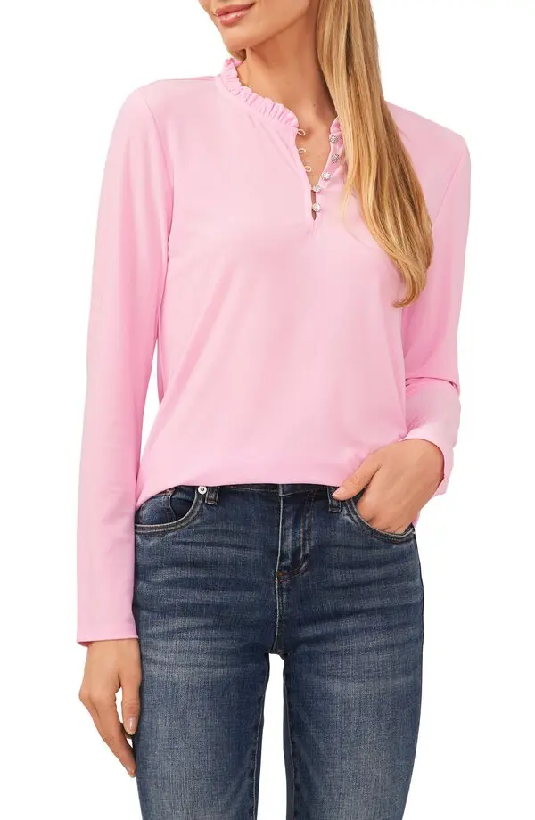 CECE DUPRAZ Ruffle Trim Knit Henley - Powder Pink