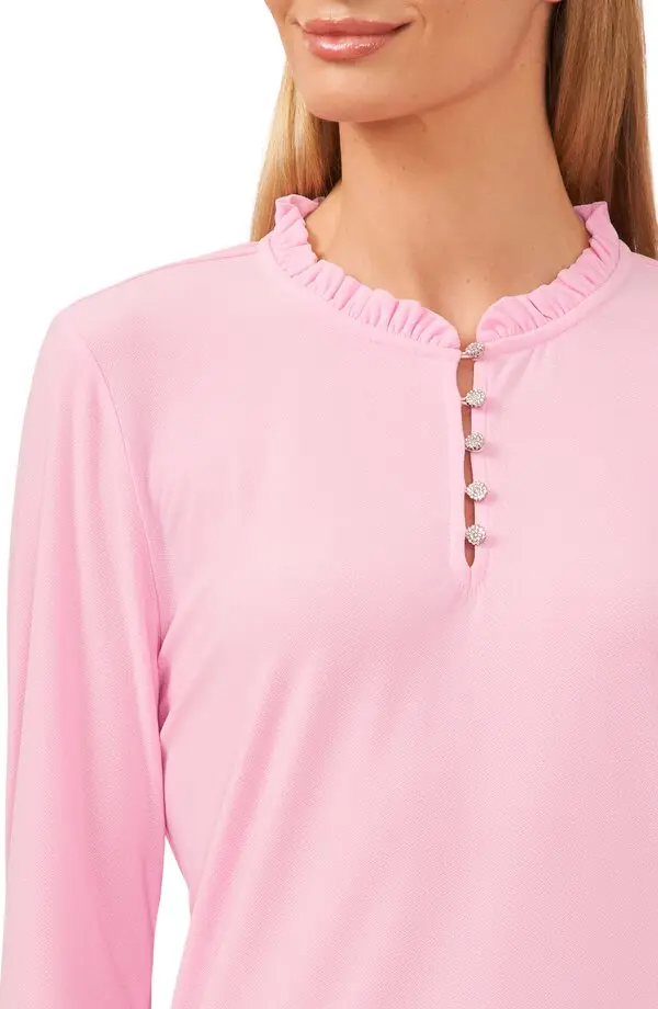 CECE DUPRAZ Ruffle Trim Knit Henley - Powder Pink
