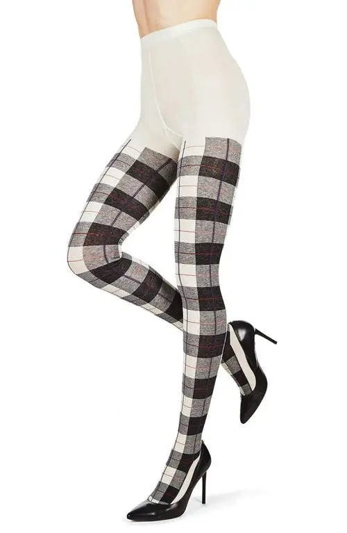 MEMOI Glasgow Plaid Sweater Tights - Winter White