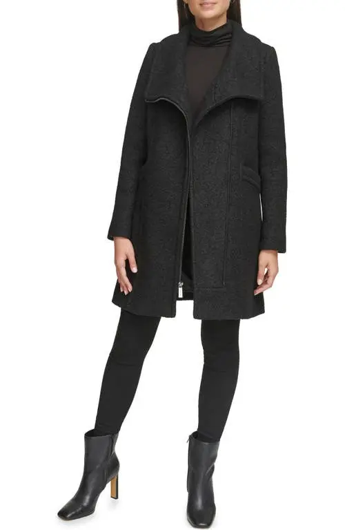 KENNETH COLE Asymmetric Zip Bouclé Coat - Black