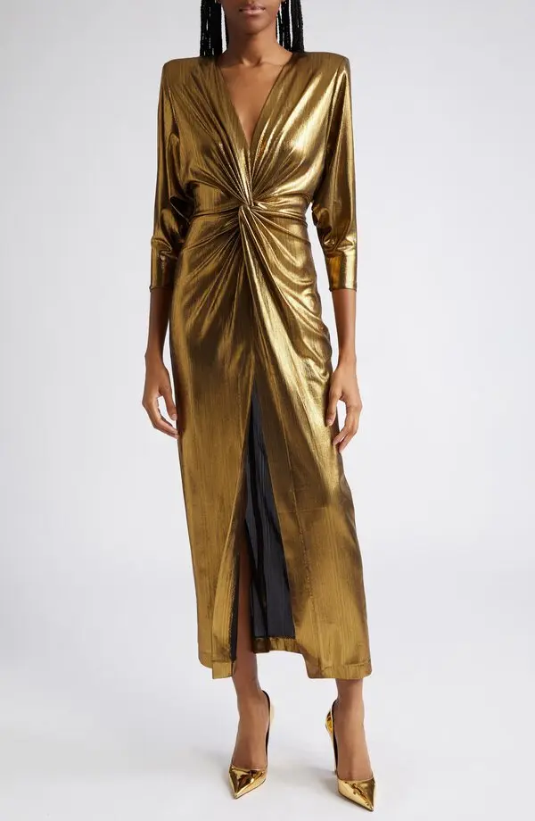 gold metallic wrap dress Loveshackfancy Ciona Sequin Embellished Lace Column Gown main image 1