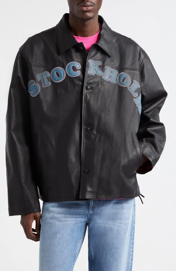 Stockholm Surfboard Club Patchwork Logo Leather Coach'S Jacket In