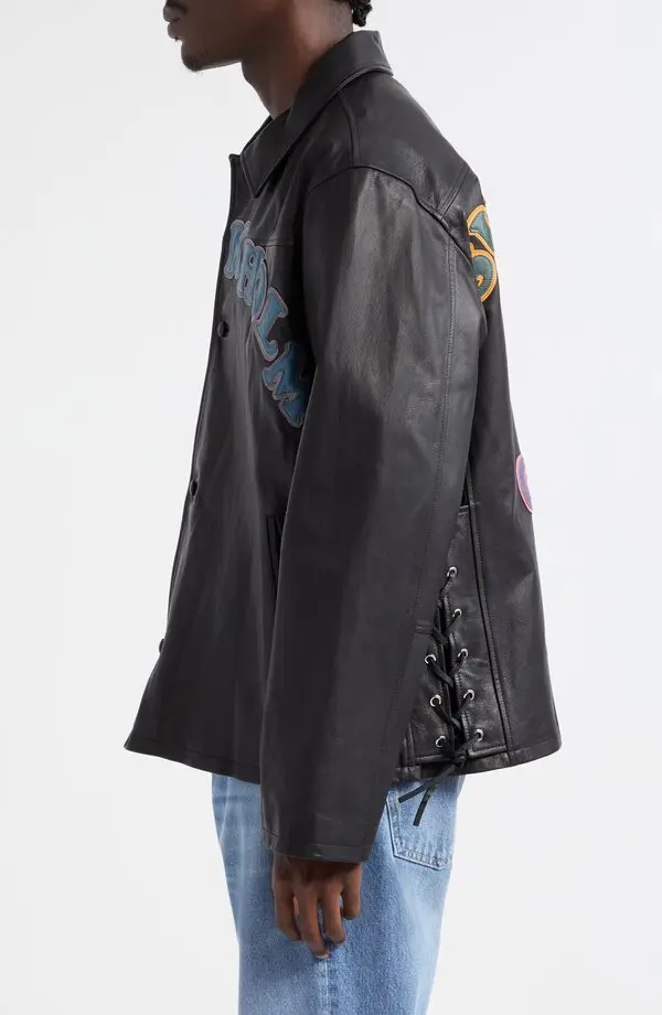 Stockholm Surfboard Club Patchwork Logo Leather Coach'S Jacket In