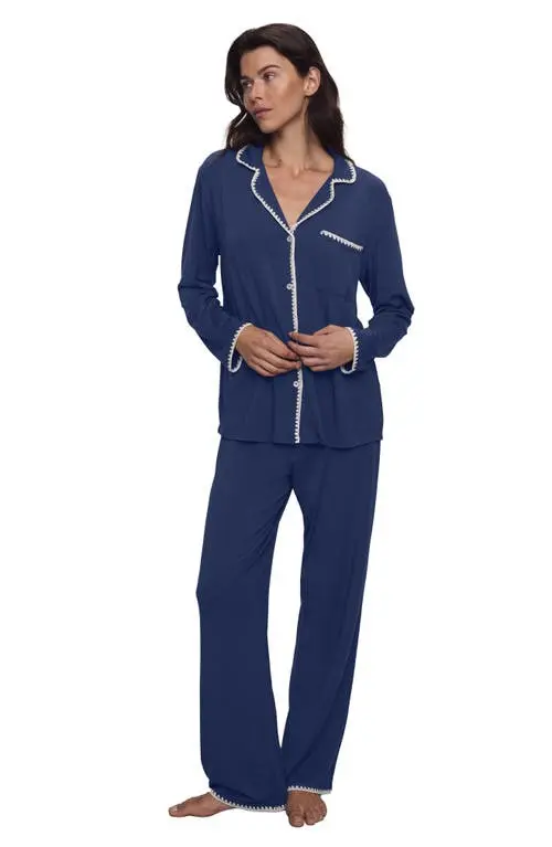 Eberjey Frida Contrast Embroidery Knit Pajamas - Navy/ivory