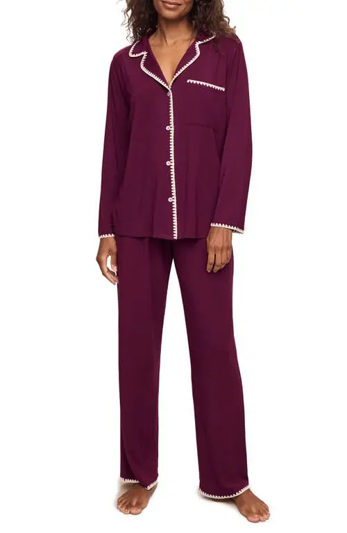 Eberjey Frida Contrast Embroidery Knit Pajamas - Plum/ Ivory