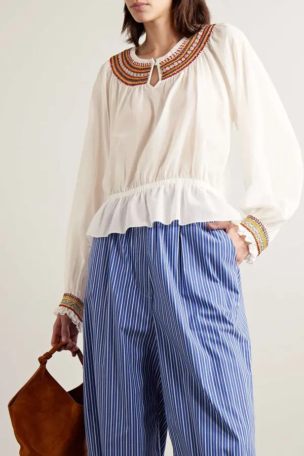 BODE Embroidered Cotton-voile Blouse