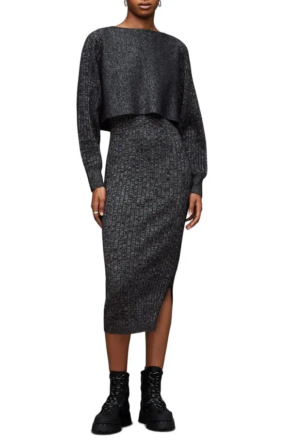 Allsaints Margot Metallic Two-Piece Sweater & Rib Dress In Black/ Silver -  40% Off | Editorialist