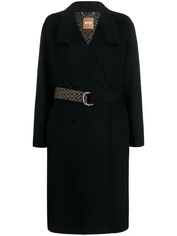 BOSS Monogram-jacquard Belted Wool-blend Coat