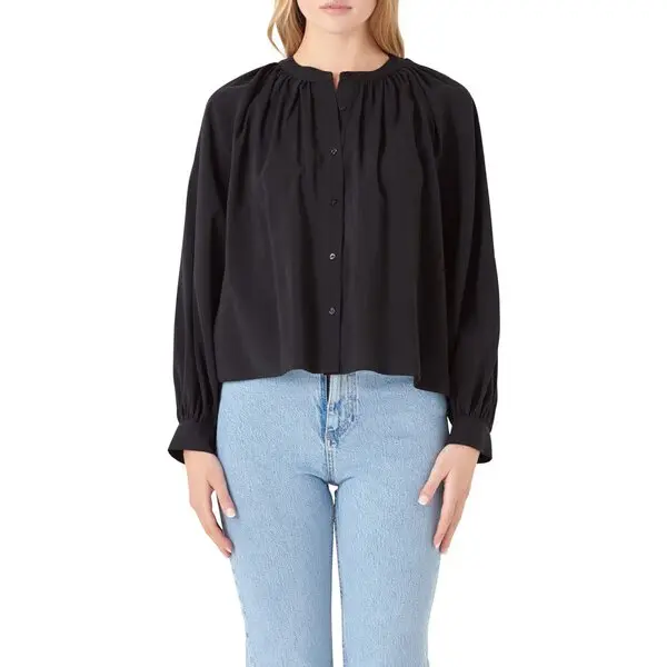 English Factory Shirred Long Sleeve Button-up Shirt - Black