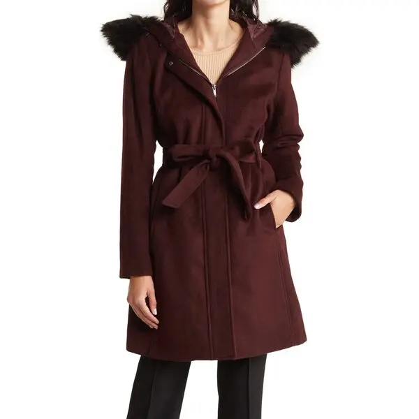 Cole Haan Faux Fur Trim Wool Blend Jacket - Bordeaux