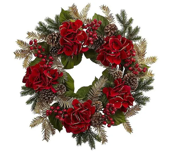 NEARLY NATURAL 24-in Hydrangea Pine Wreath
