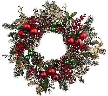 NEARLY NATURAL 24' Ornament, Pine, & Pinecone Wreath By