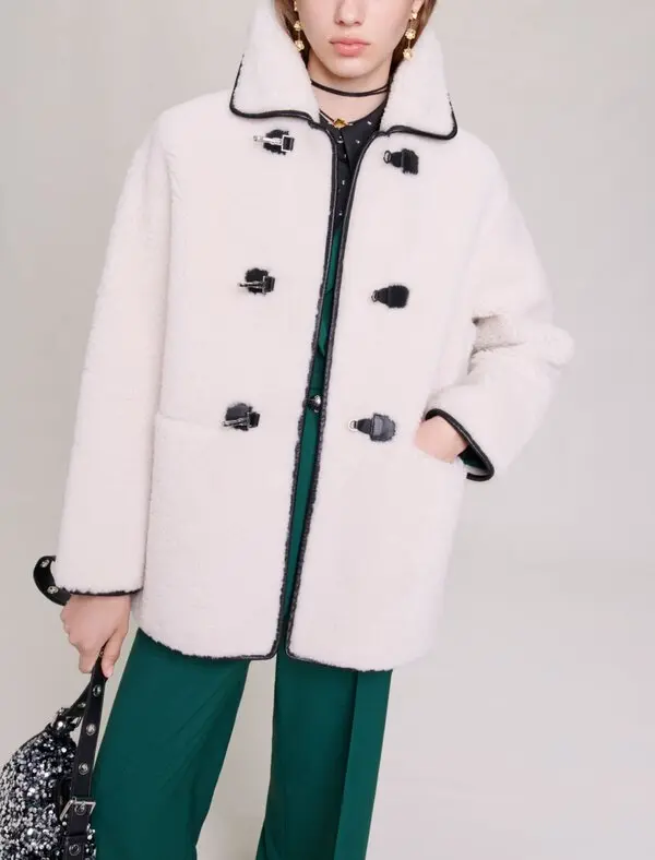Maje Mid-length Shearling Coat With Frogged Fastening