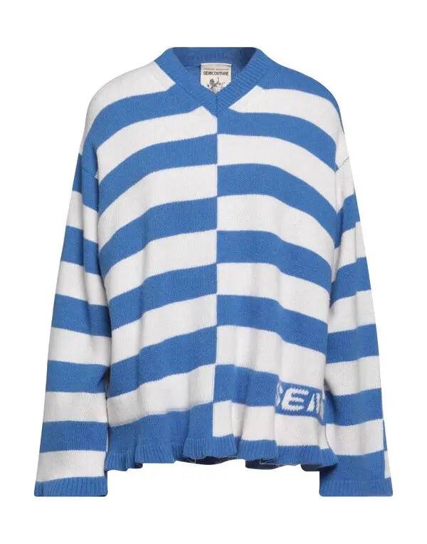 SEMICOUTURE Striped V-neck Knit Sweater - Azure