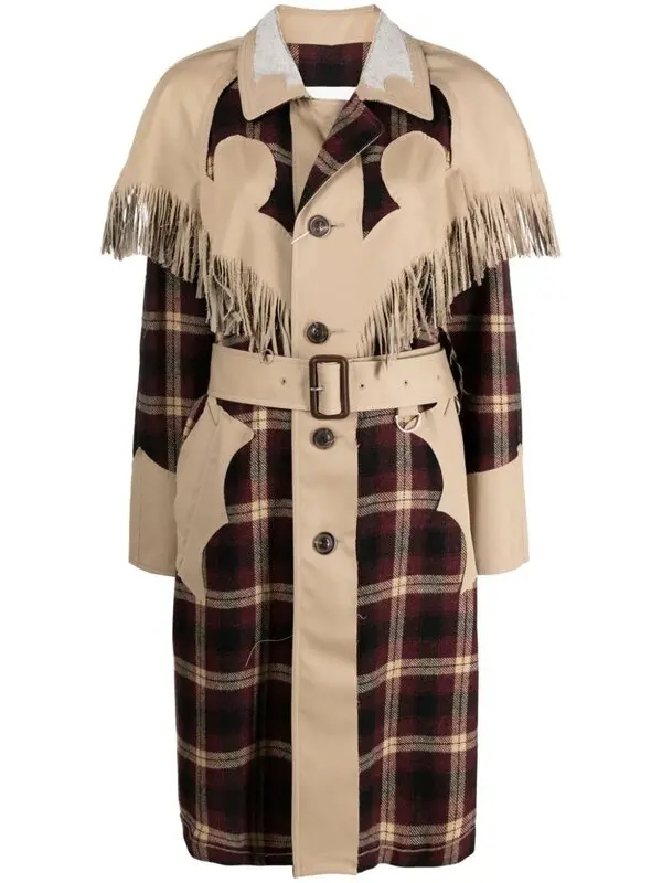 MAISON MARGIELA Check-pattern Fringed Wool Coat - Red