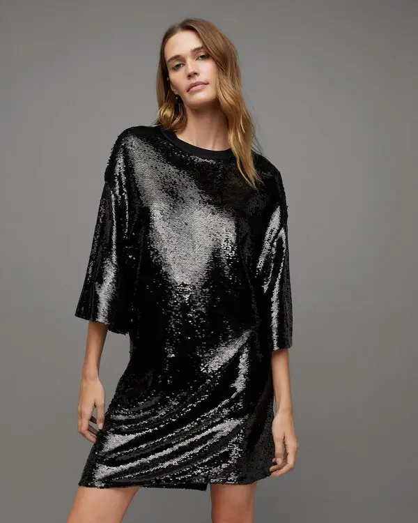 knee length dresses for ladies Black Sequin Crew Neck T-shirt Dress – fringe co main image 1