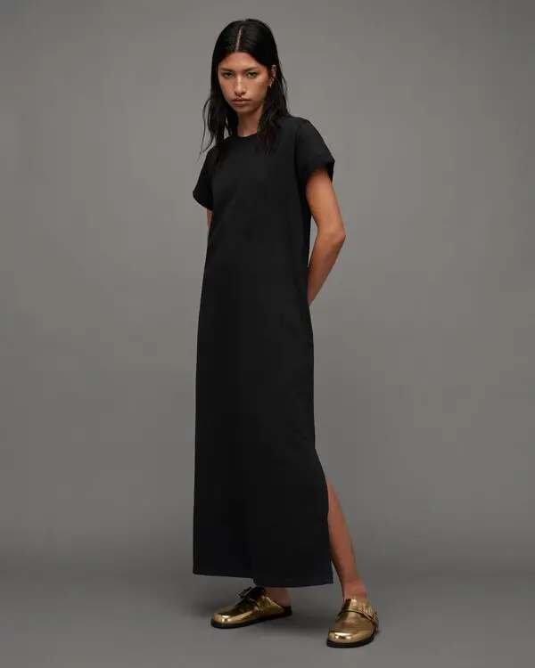 cross back high split satin maxi slip dress The Slit Seduction | Black Satin High-Slit Crisscross Back Maxi Slip Dress
