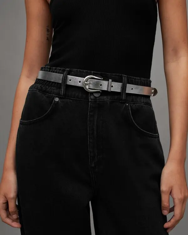 ALLSAINTS New Luna Metallic Leather Silver Western Skinny Womens Belt Size XL Allsaints Luna Metallic Skinny Leather Western Belt In  main image 3