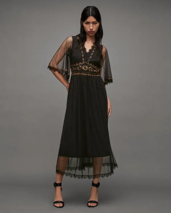 Allsaints Chaya Sheer Embellished Maxi Dress In Antique Gold - 30% Off |  Editorialist