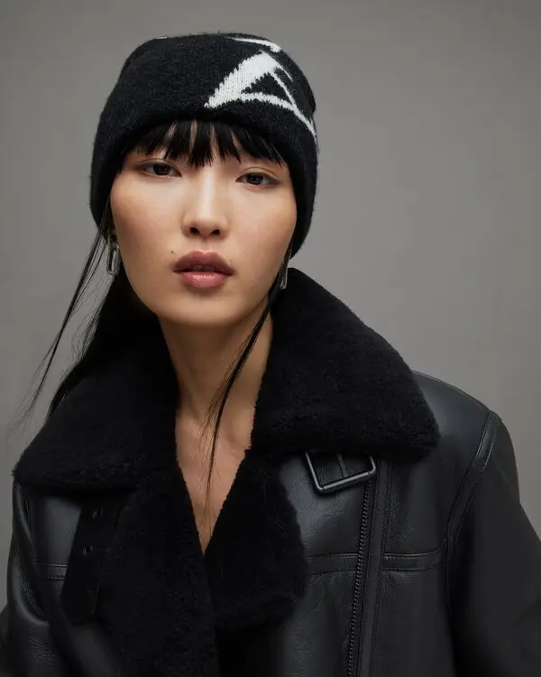 Allsaints A Star Jacquard Logo Beanie In Black/White - 30  display picture 1
