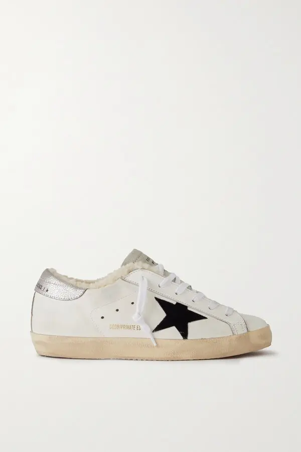 GOLDEN GOOSE Super-star Shearling-lined Distressed Sneakers - White