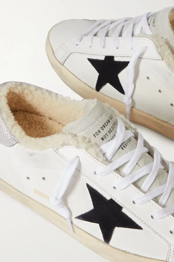 GOLDEN GOOSE Super-star Shearling-lined Distressed Sneakers - White