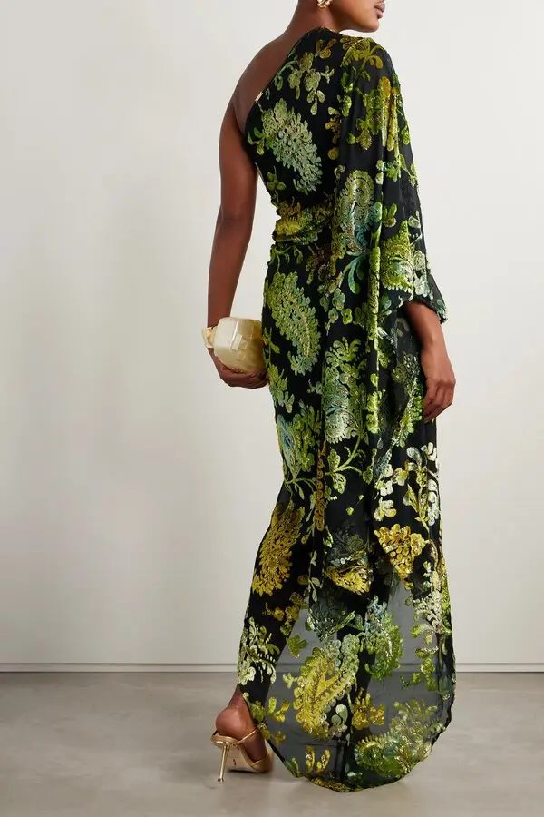 Cult Gaia Adira One-Sleeve Metallic Devor-Chiffon Gown - Green |  Editorialist