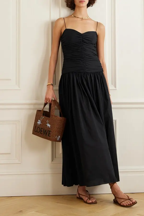 green emerald velvet dress Matteau - Gathered Cotton-Silk Drop-Waist Maxi Dress - Burgundy - 4