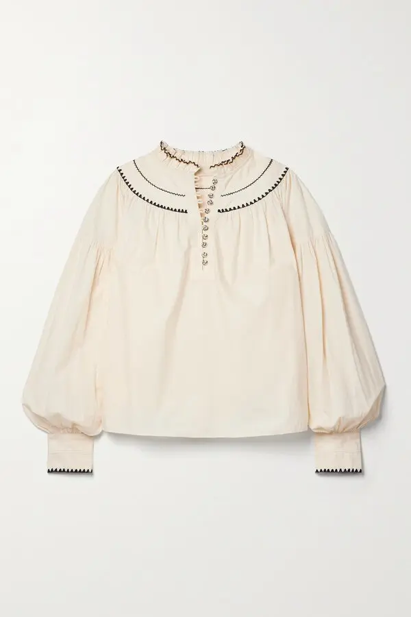 Ulla Johnson Lennie Gathered Embroidered Cotton-poplin Blouse