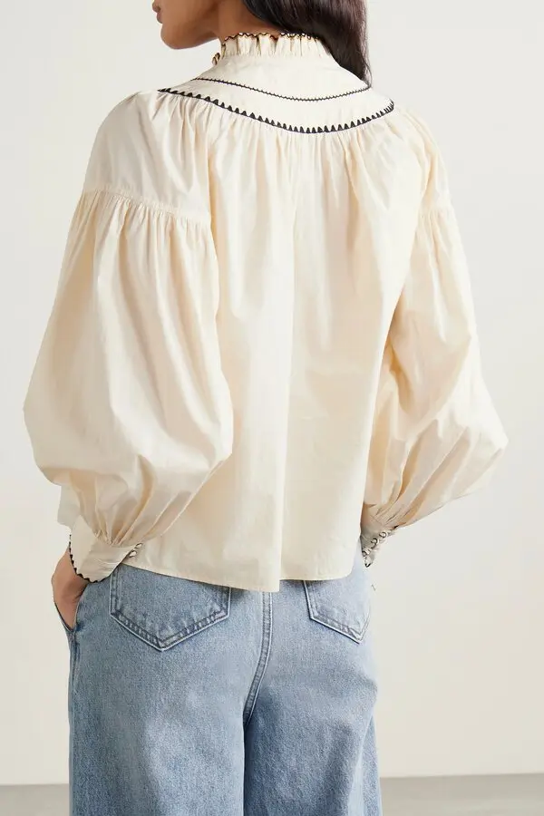 Ulla Johnson Lennie Gathered Embroidered Cotton-poplin Blouse
