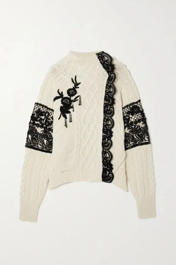 Erdem Lace-trimmed Embellished Cable-knit Wool-blend Sweater