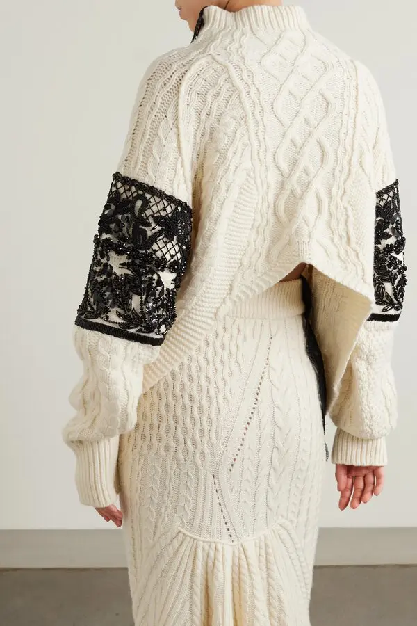 Erdem Lace-trimmed Embellished Cable-knit Wool-blend Sweater