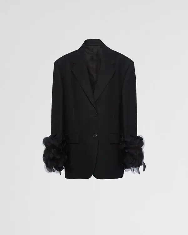 Prada Single-Breasted Wool Jacket With Feather Trim - Black