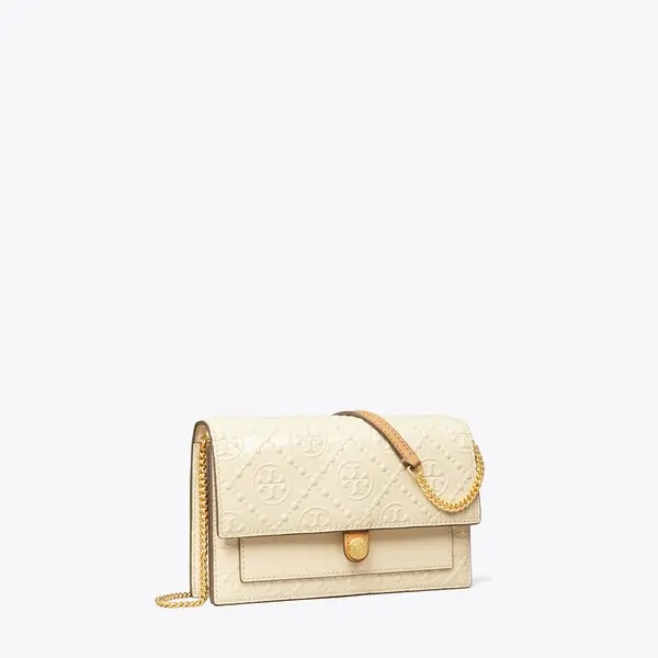 Tory Burch T Monogram Patent Embossed Chain Wallet - Light Cream